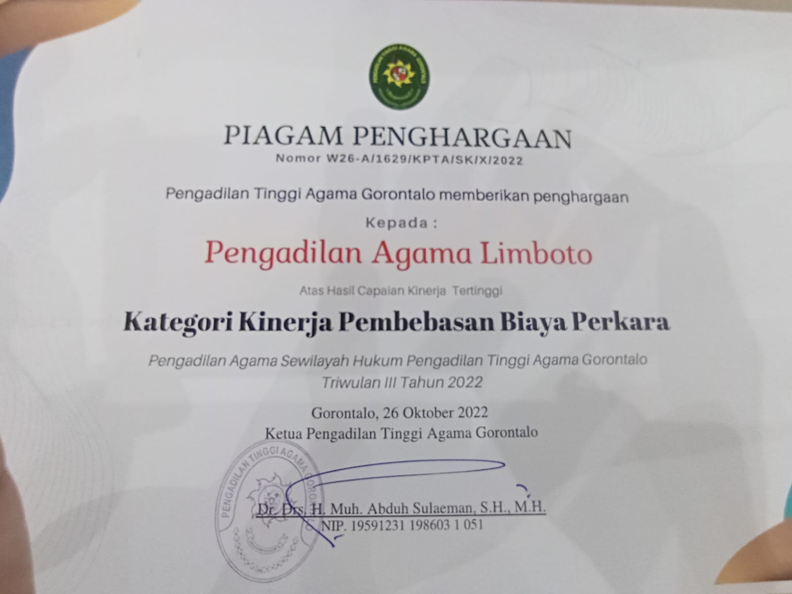 Pengadilan Agama Limboto Raih Prestasi di Triwulan III Tahun 2022 ...